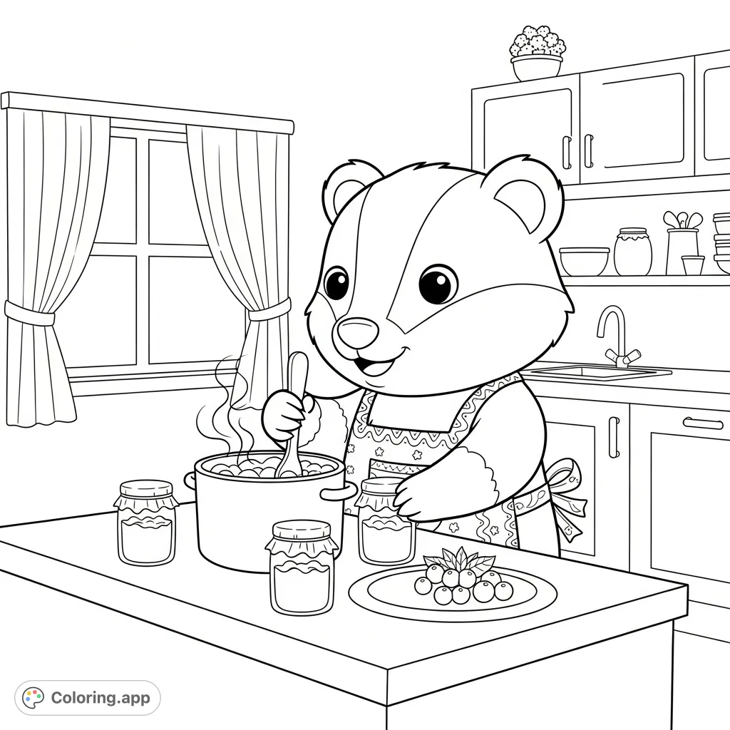 Kawaii Badger Making Jam - Coloring.app