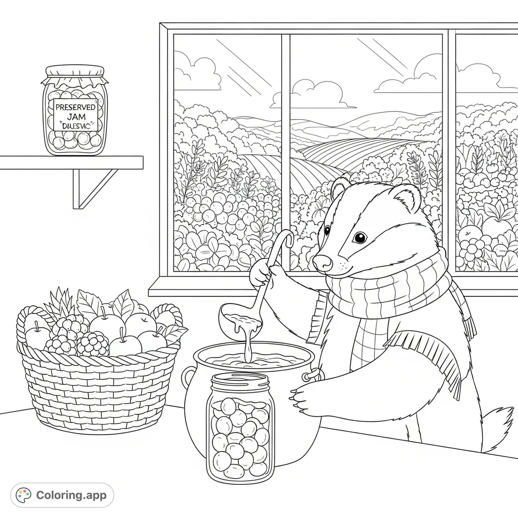 Kawaii Badger's Jam Making - Coloring.app