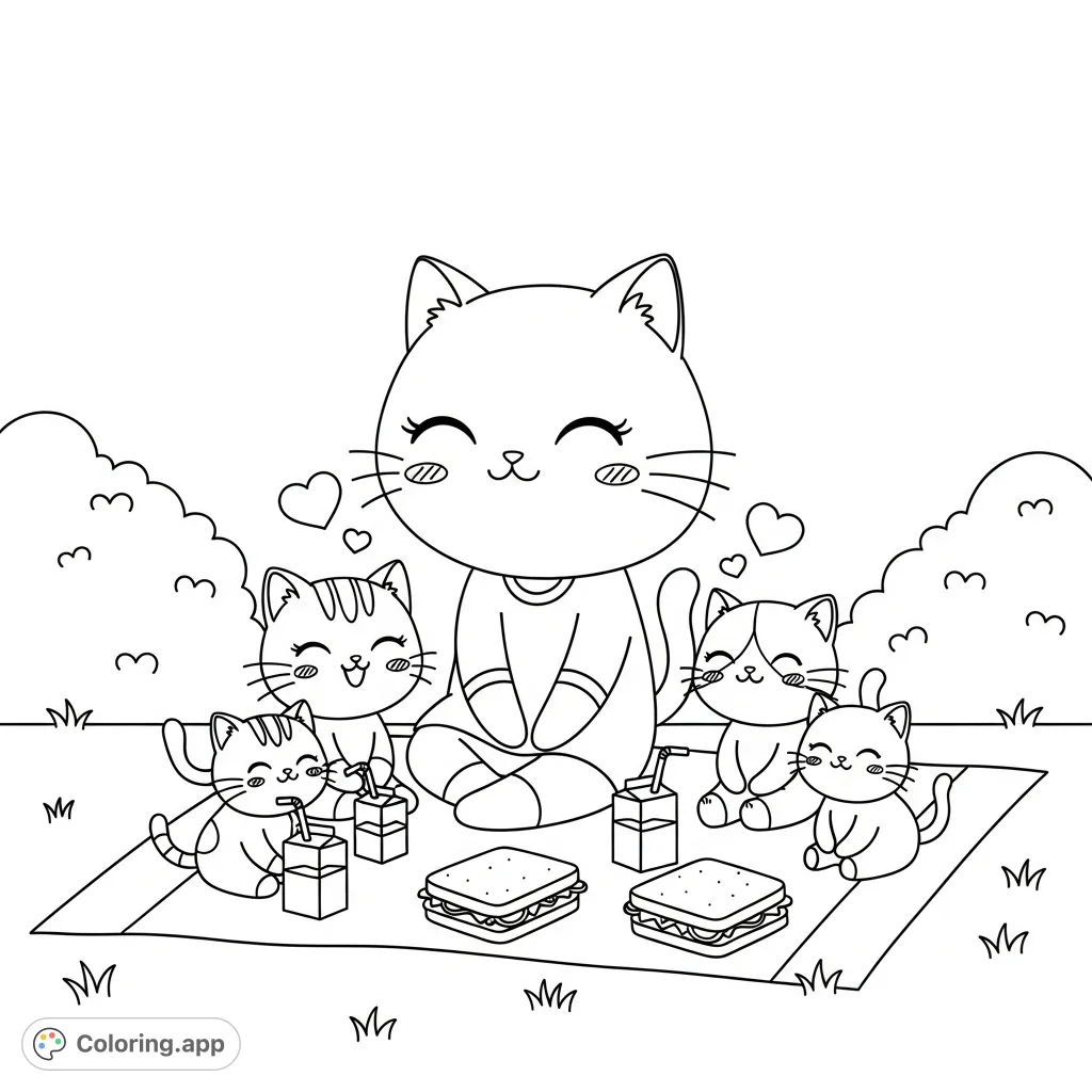 Kawaii Cat Family Picnic - Coloring.app