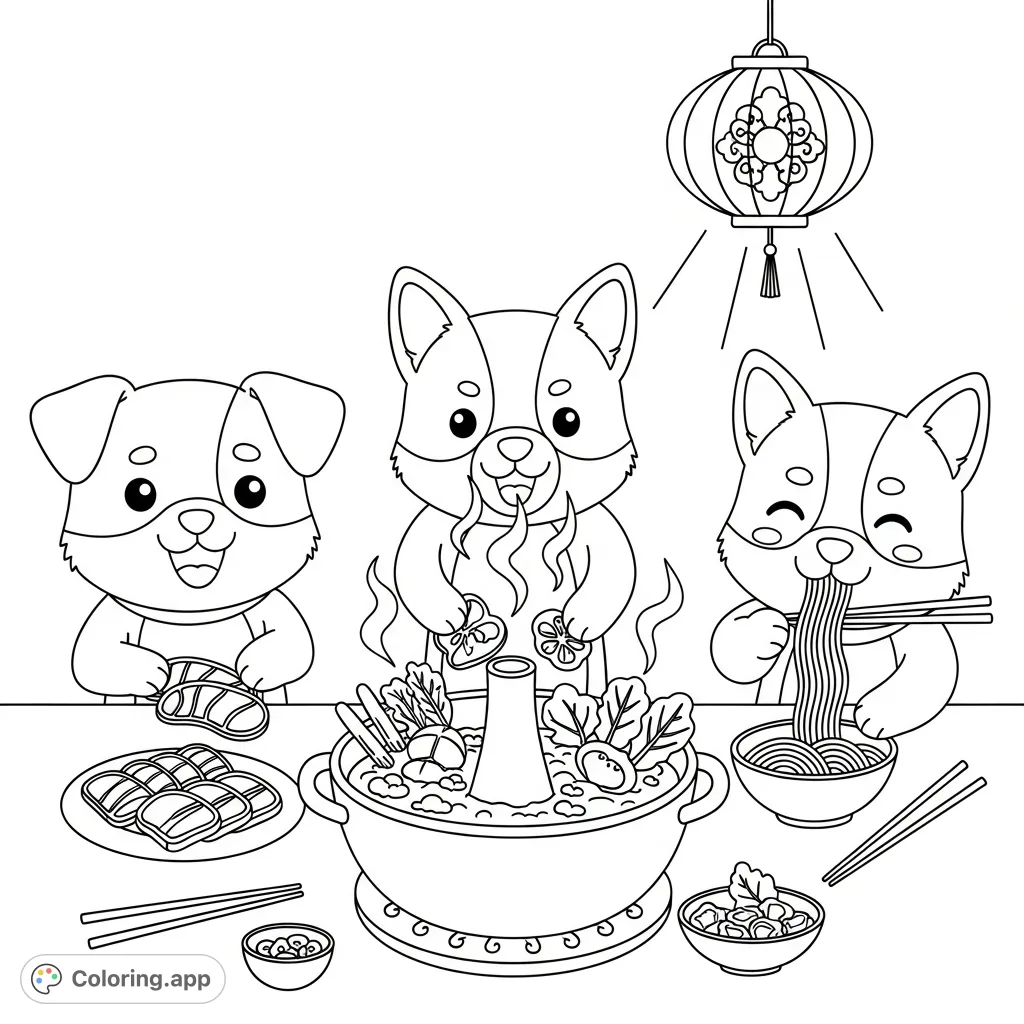 Kawaii Dogs Hot Pot Feast - Coloring.app