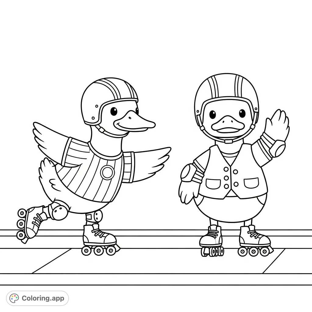 Kawaii Ducks Roller Skating - Coloring.app