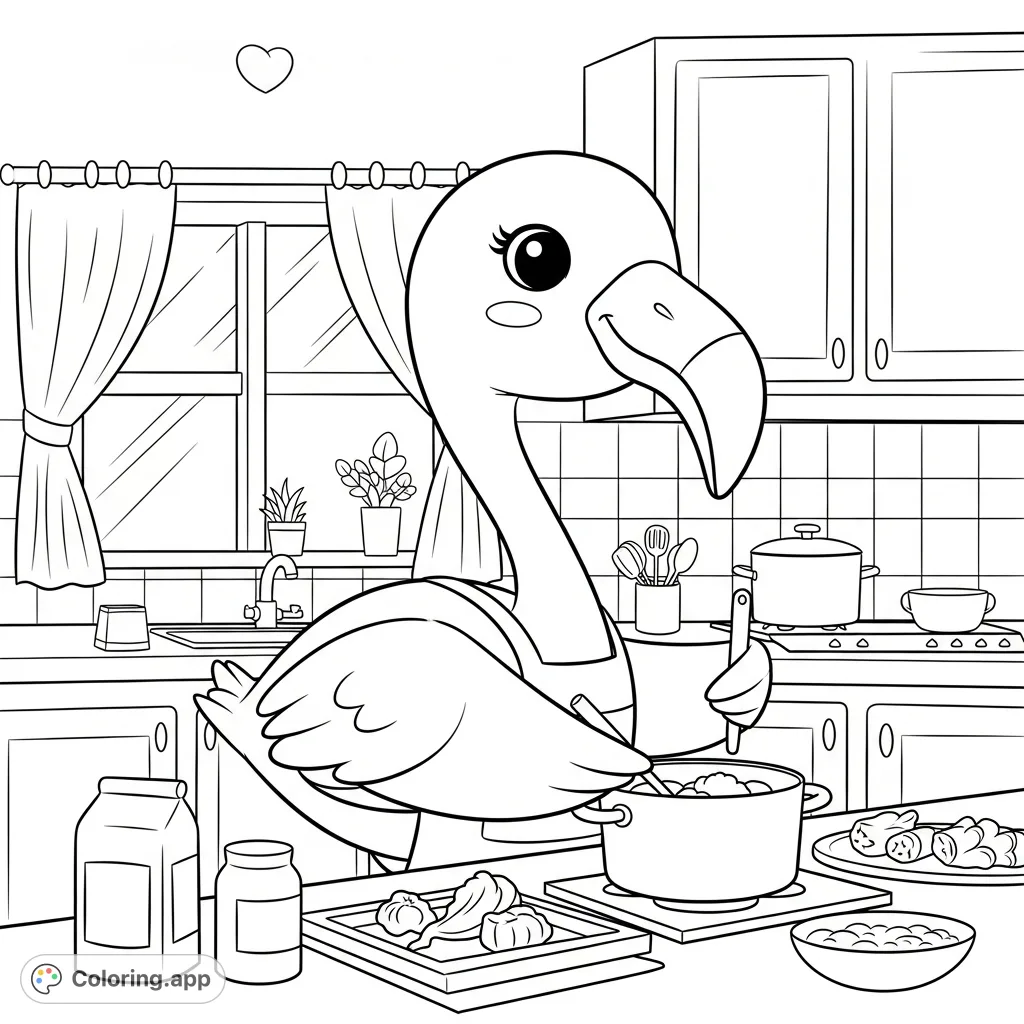 Kawaii Flamingo Kitchen Cook - Coloring.app