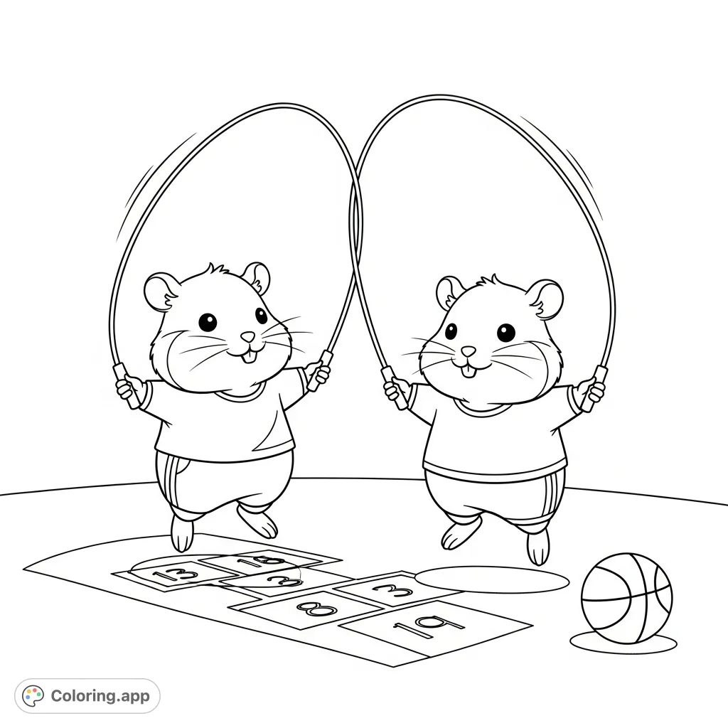 Kawaii Hamsters Jumping Rope - Coloring.app