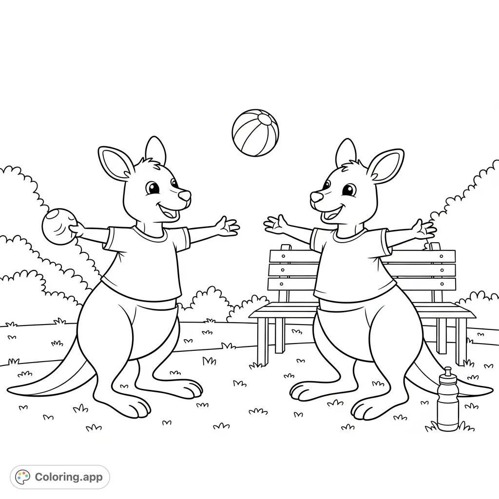 Kawaii Kangaroos Playing Catch - Coloring.app