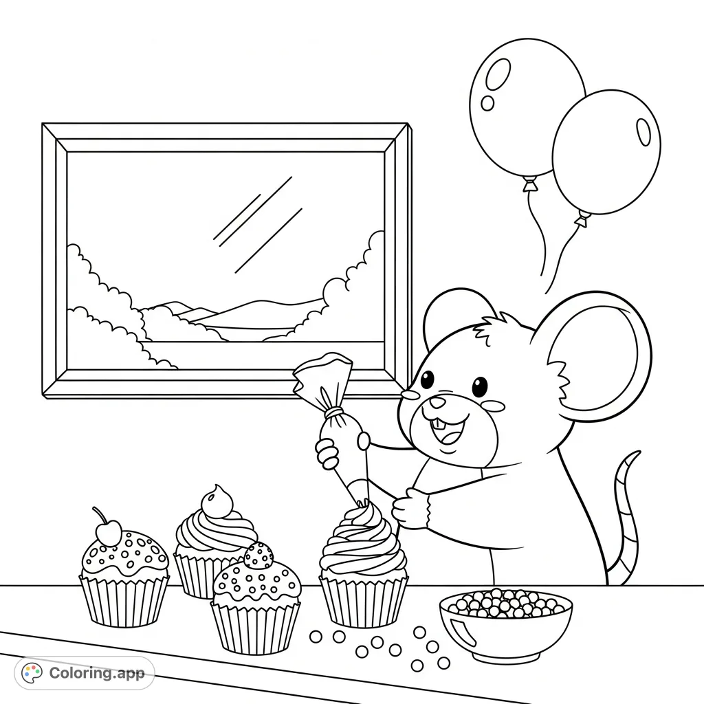 Kawaii Mouse Baking Cupcakes - Coloring.app