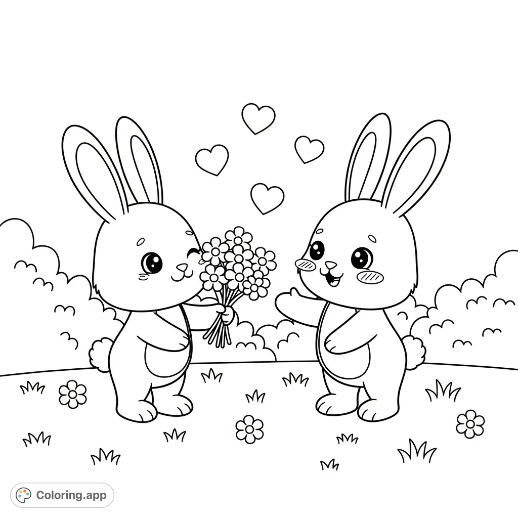 Kawaii Rabbits and Flowers - Coloring.app