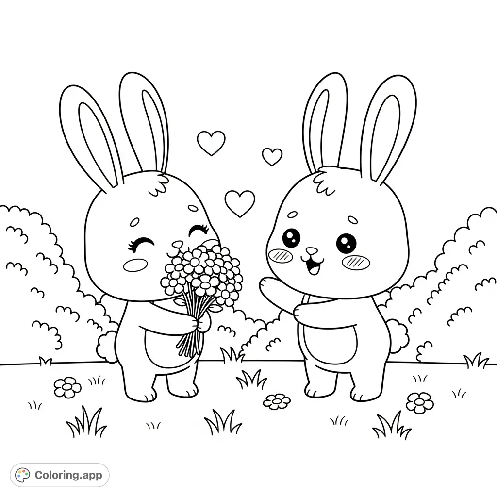 Kawaii Rabbits with Flowers - Coloring.app