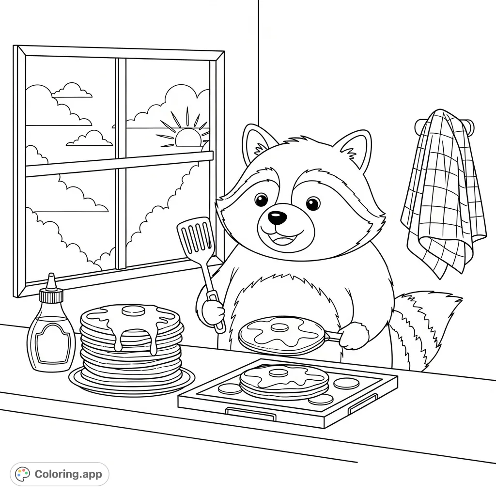 Kawaii Raccoon Pancake Chef - Coloring.app