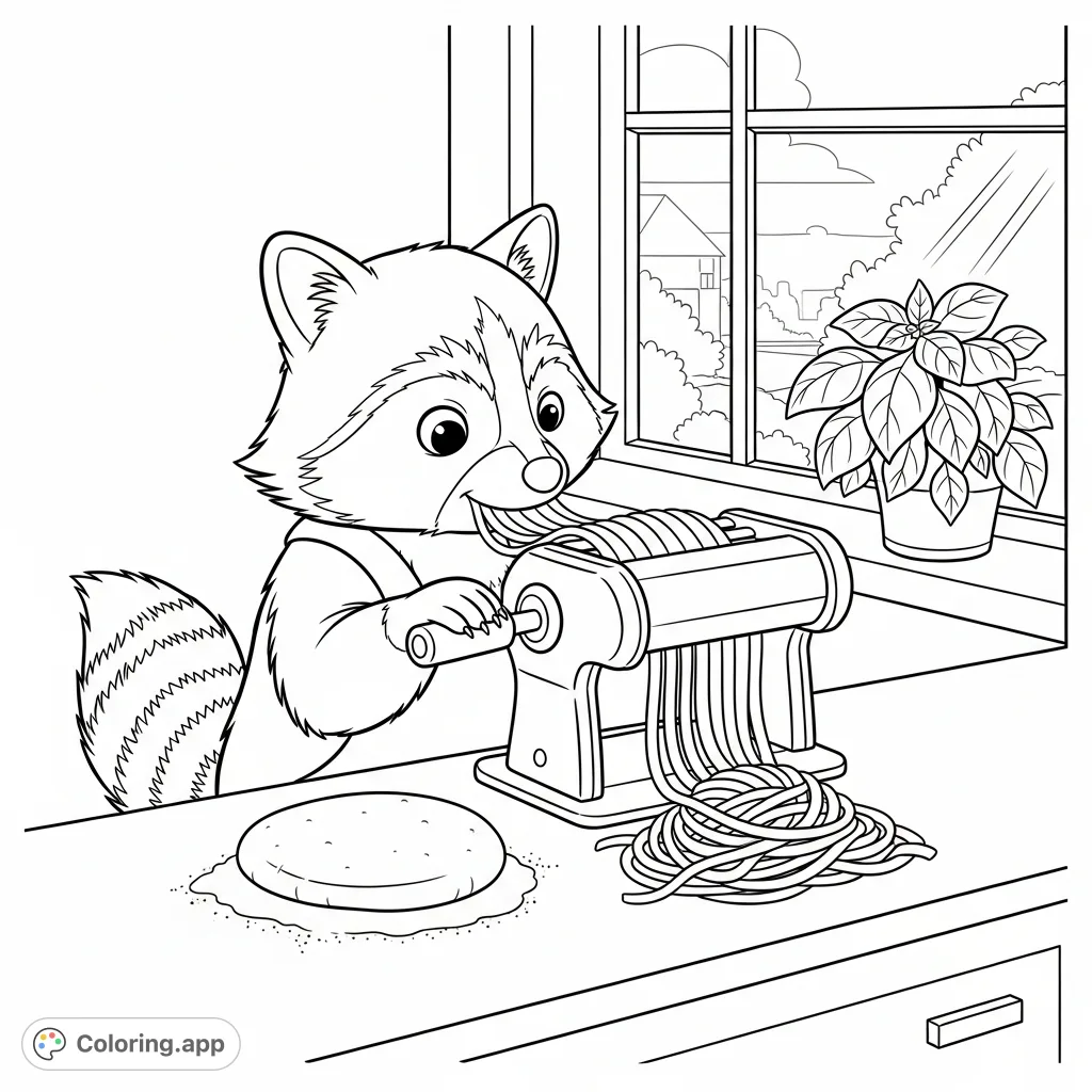 Kawaii Raccoon Pasta Chef - Coloring.app