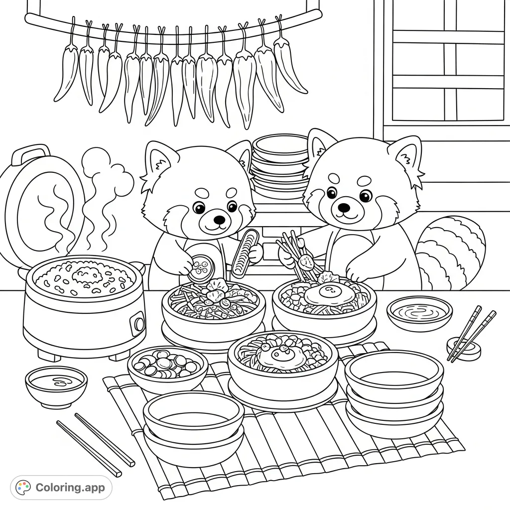 Kawaii Red Pandas Bibimbap Prep - Coloring.app