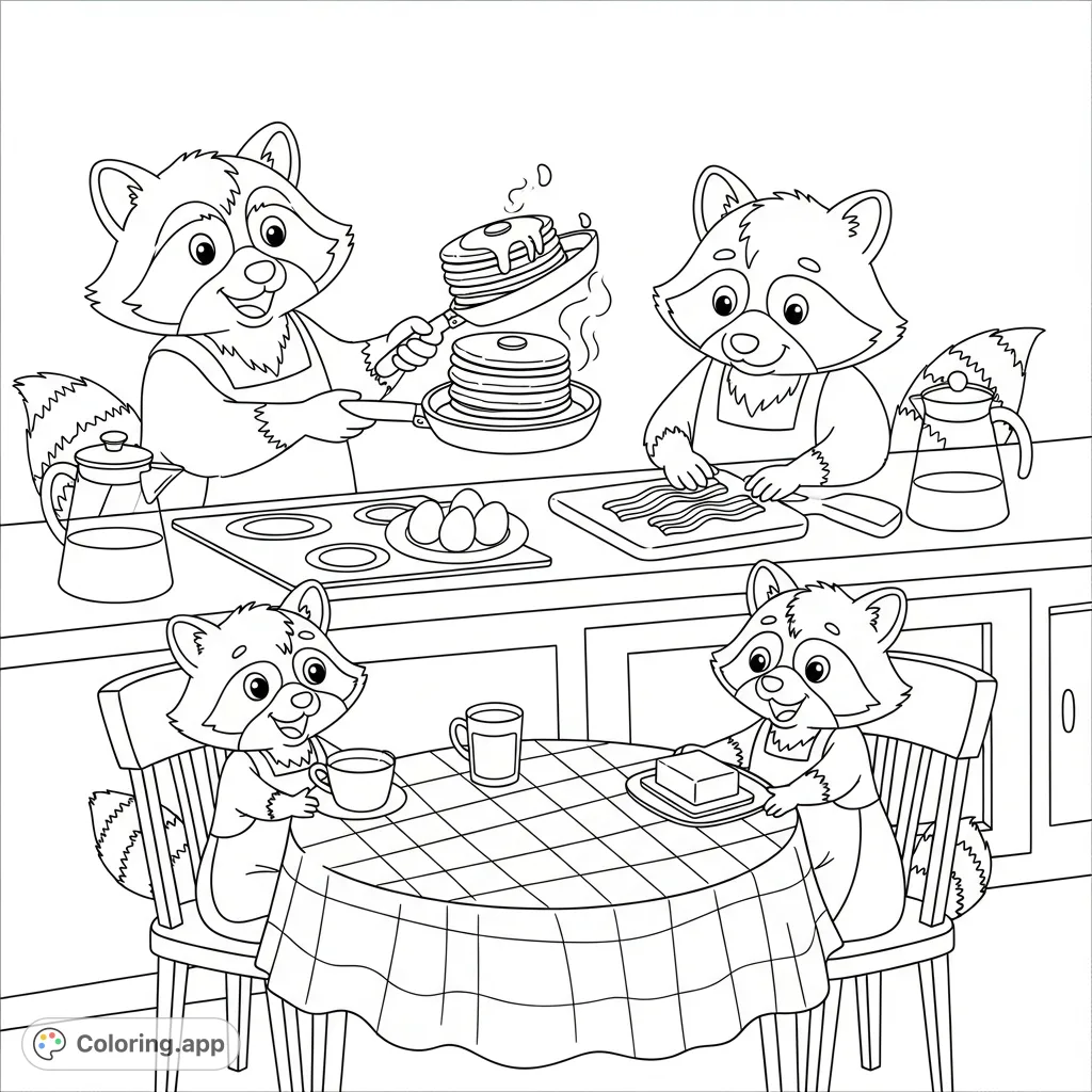 Raccoon Family Breakfast - Coloring.app