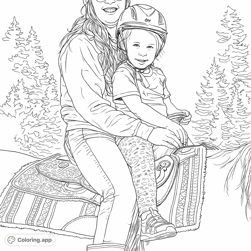 Mother Child Horse Ride - Coloring.app