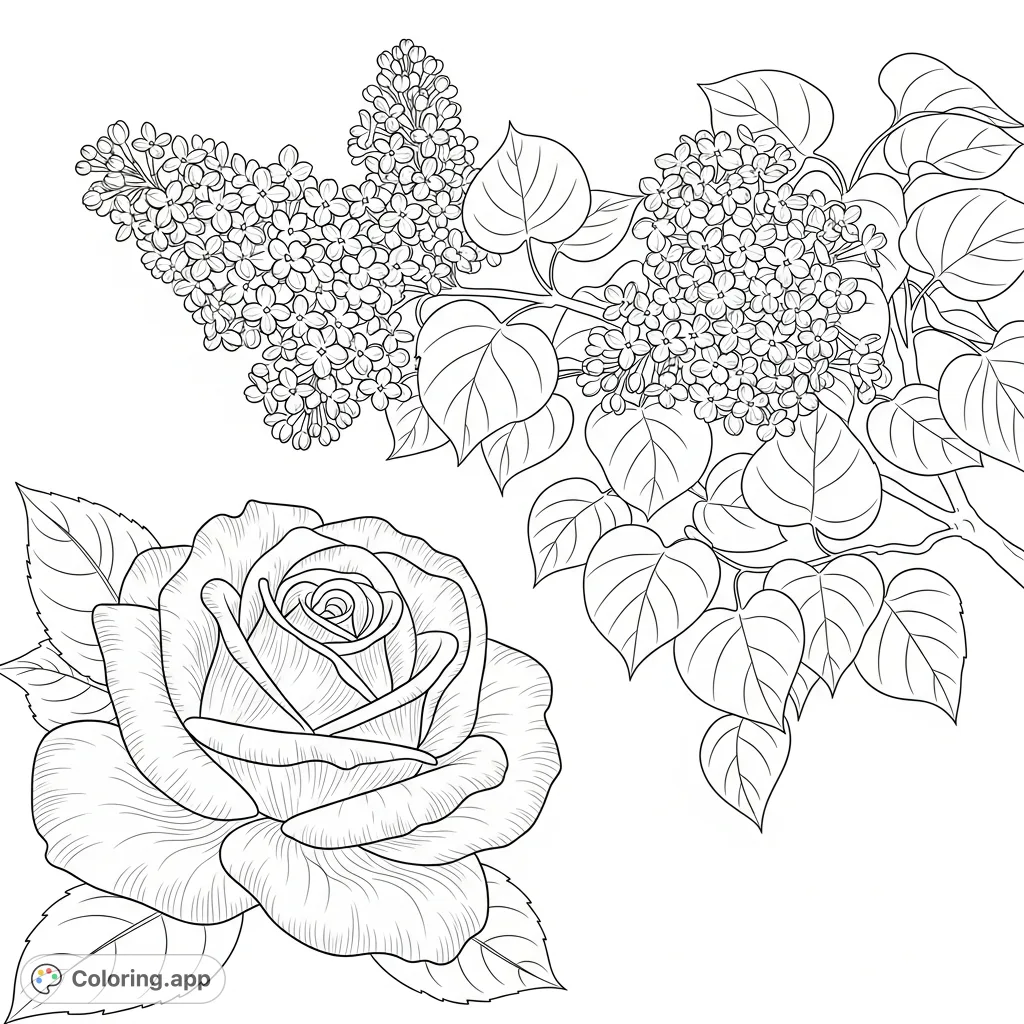 Velvet Rose and Lilac Bloom - Coloring.app