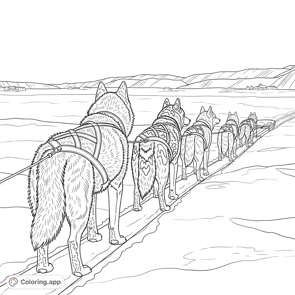 Sled Dogs in Snowy Landscape - Coloring.app