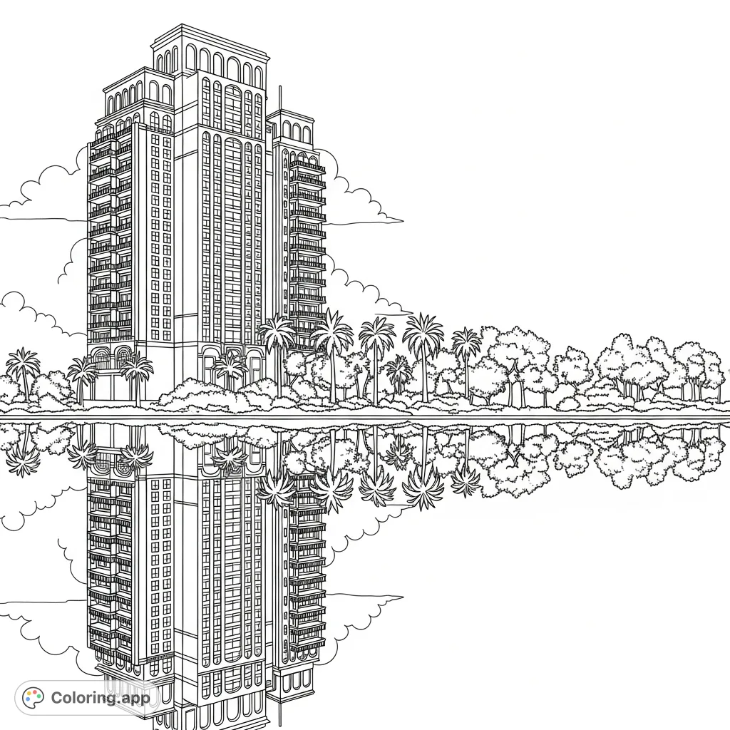Towering Building Water Reflection - Coloring.app