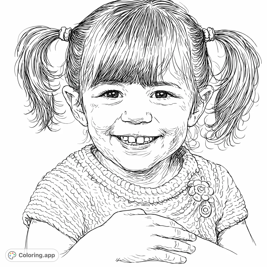 Joyful Child with Pigtails Smile - Coloring.app