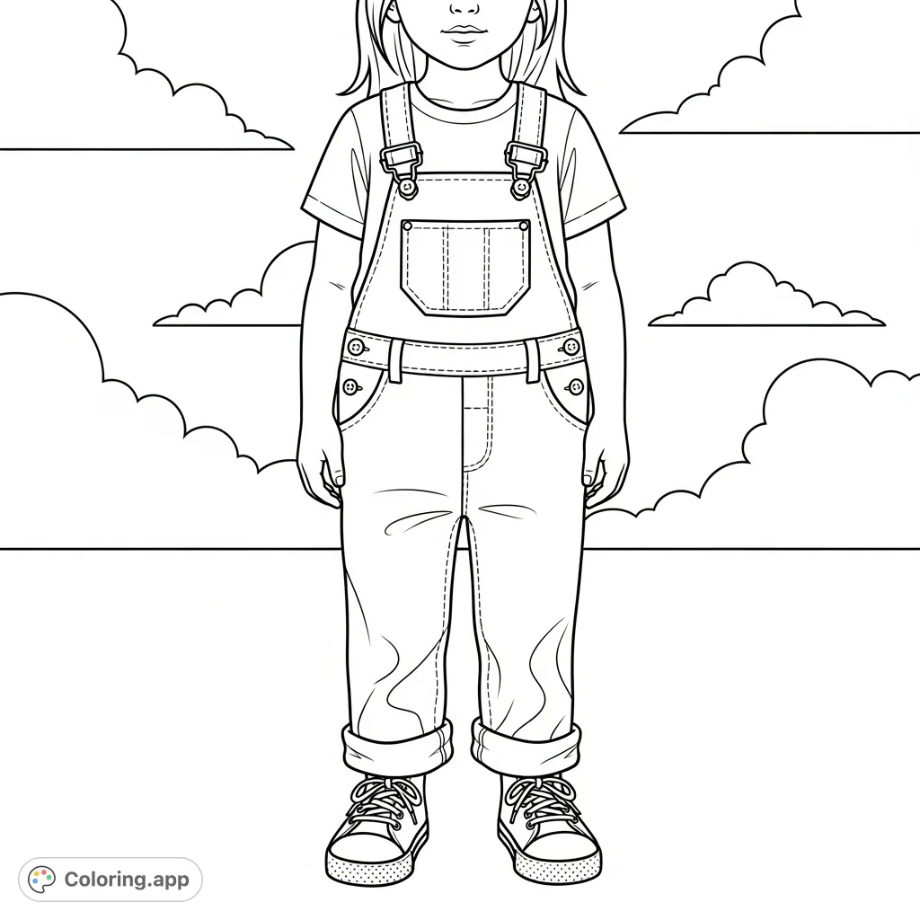 Girl in Overalls and Sneakers - Coloring.app