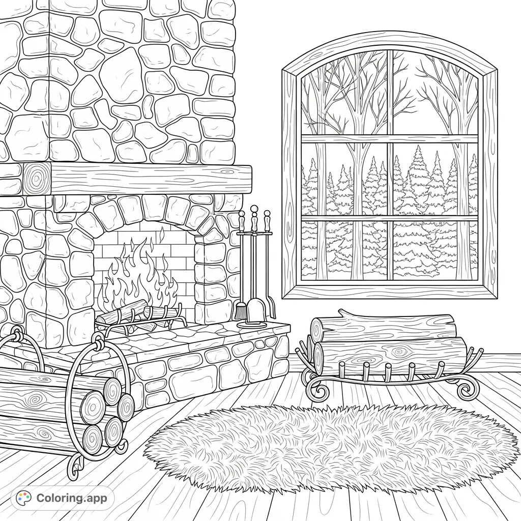 Cozy Fireplace Winter Scene - Coloring.app