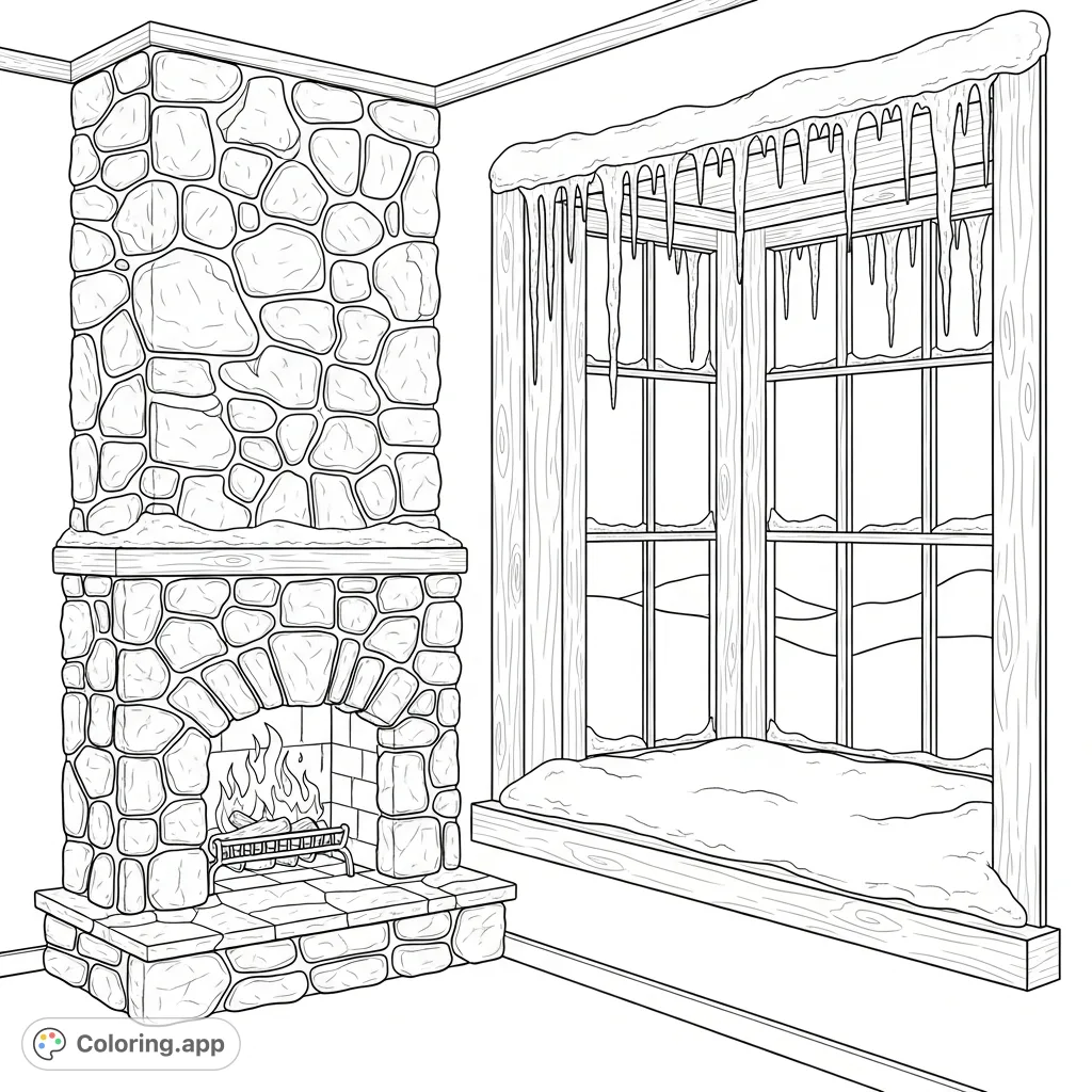 Cozy Winter Fireplace View - Coloring.app