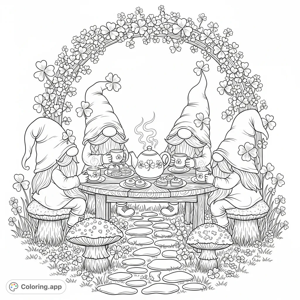 Gnome Tea Party Gathering - Coloring.app