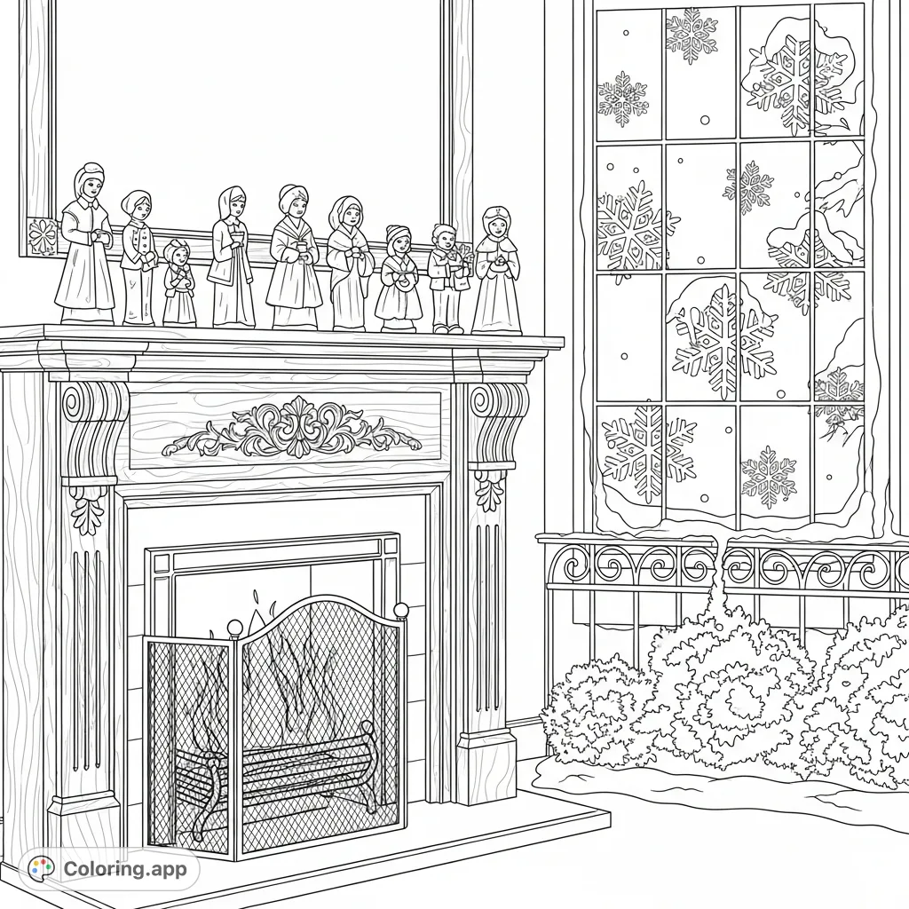Victorian Fireplace Winter Scene - Coloring.app