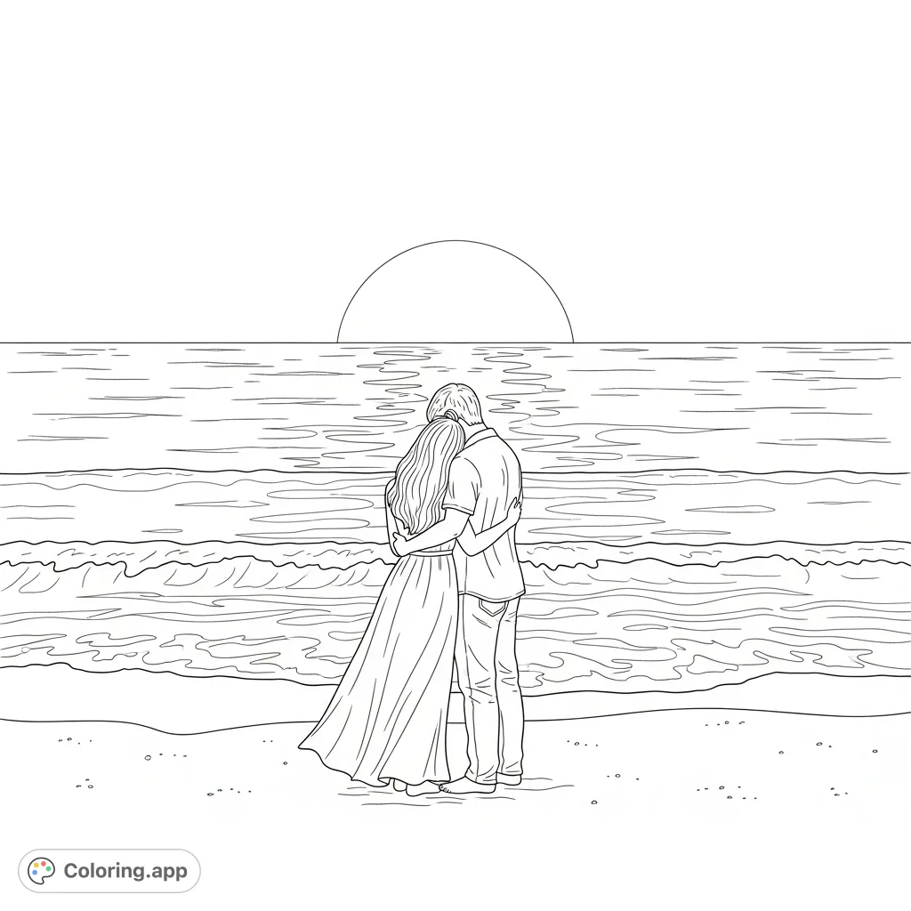 Romantic Beach Sunset Embrace - Coloring.app