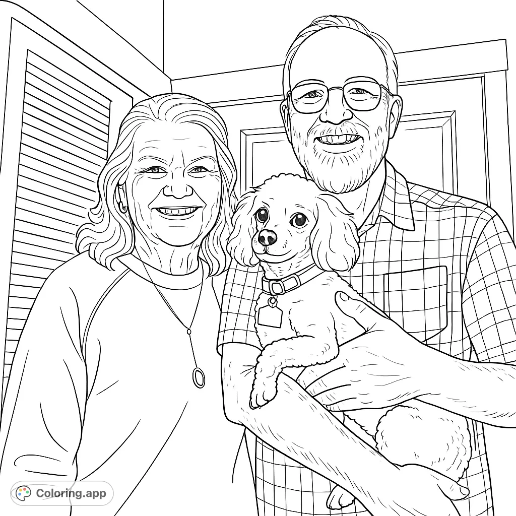 Smiling Couple and Pet Poodle - Coloring.app