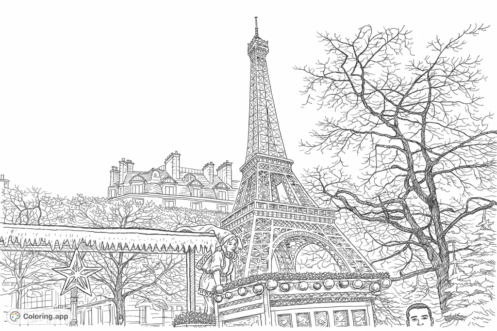Festive Parisian Landmark Scene - Coloring.app