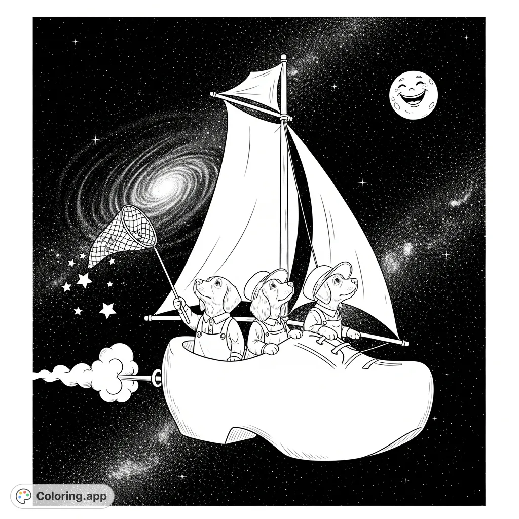 Celestial Dogs Sail Night Sky - Coloring.app