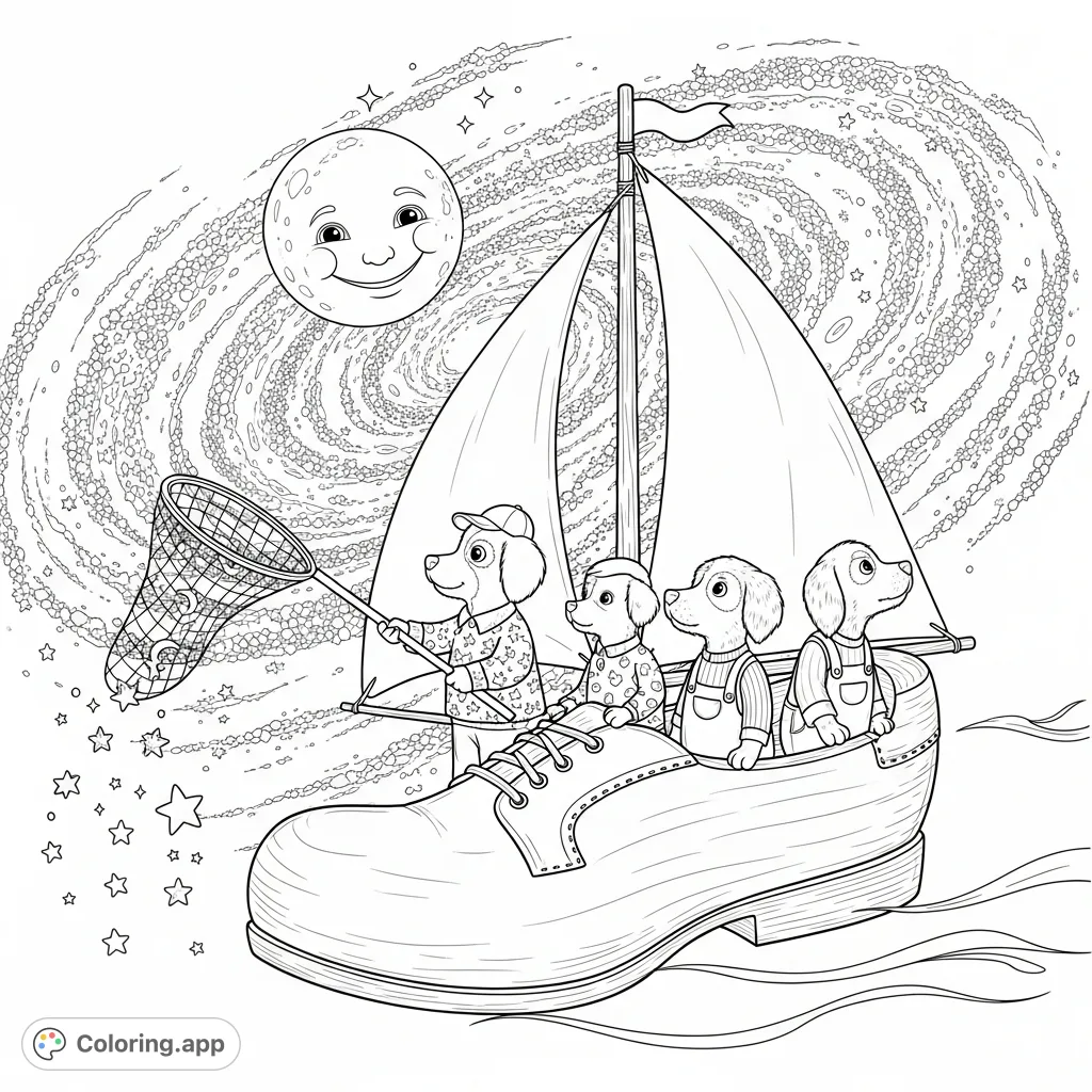 Dogs' Celestial Sailboat Adventure - Coloring.app