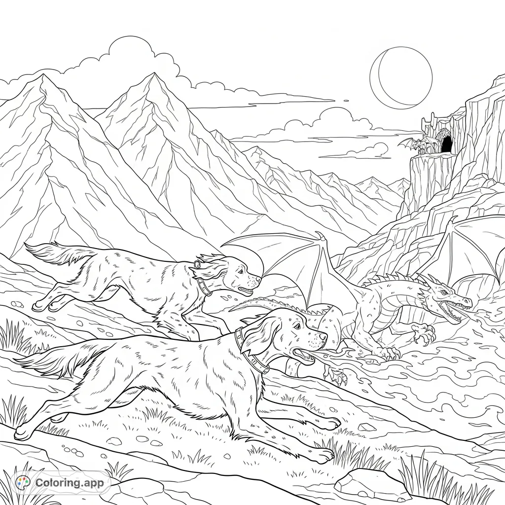 English Setters Chasing Dragon - Coloring.app