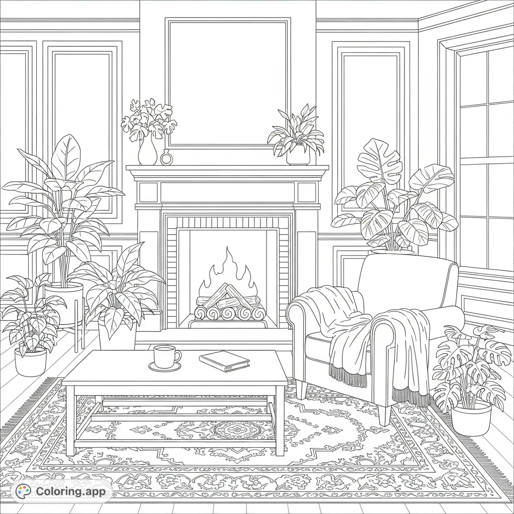 Cozy Fireplace Living Room - Coloring.app