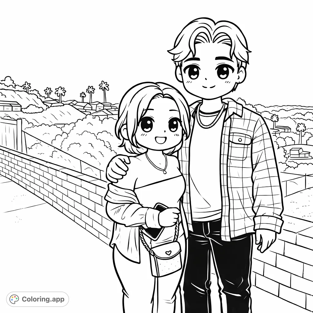 Chibi Couple Hillside View - Coloring.app