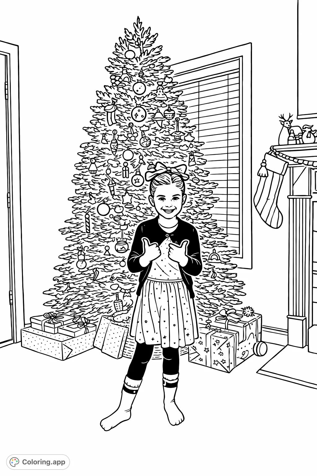 Festive Girl by Christmas Tree - Coloring.app