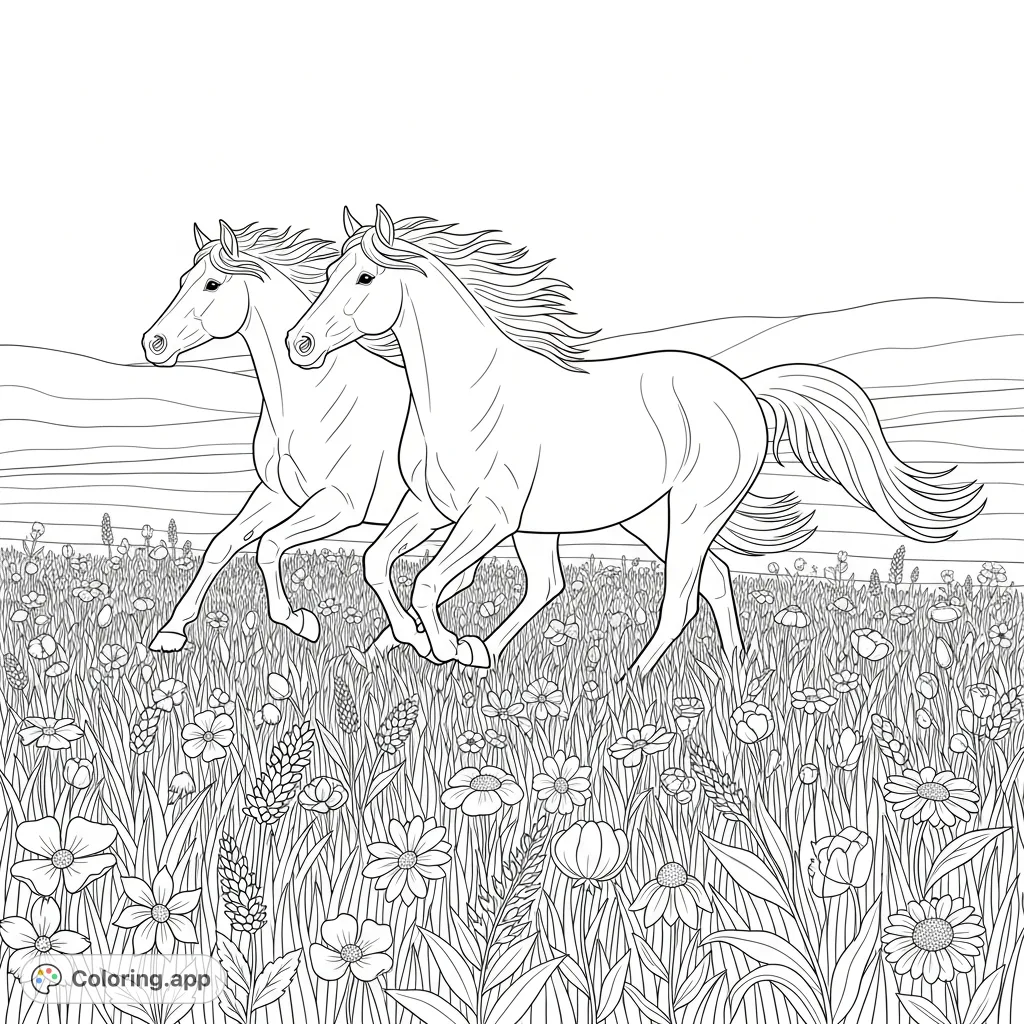 Galloping Horses in a Meadow - Coloring.app