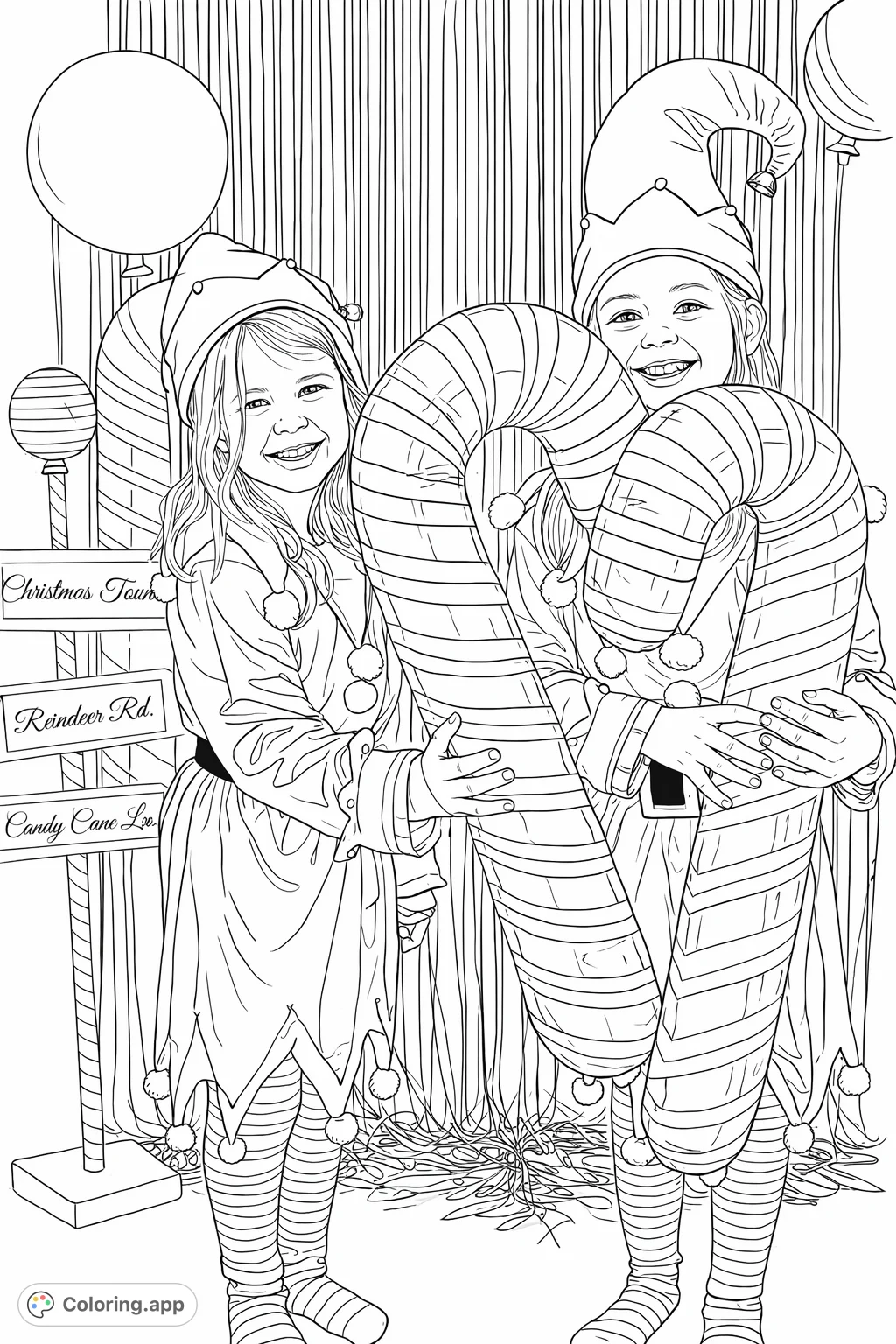 Cheerful Elf Friends with Candy Canes - Coloring.app