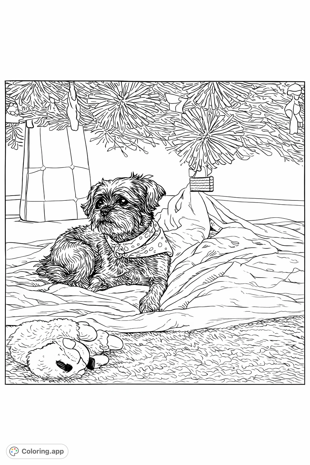 Festive Pup Under Decorated Tree - Coloring.app