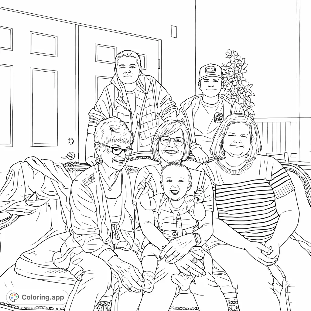 Joyful Multi-Generational Family - Coloring.app