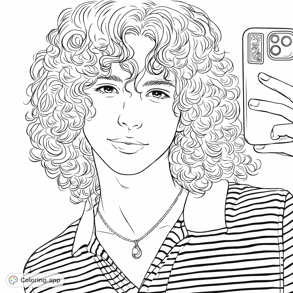 Curly-Haired Youth Portrait - Coloring.app