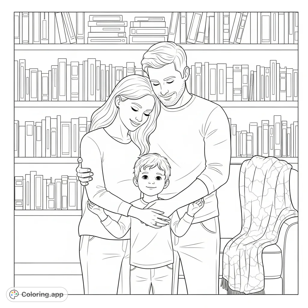 Family Hug in Living Room - Coloring.app