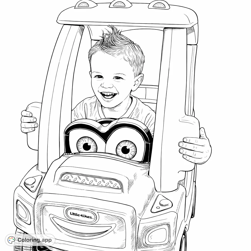 Happy Child in Toy Vehicle - Coloring.app