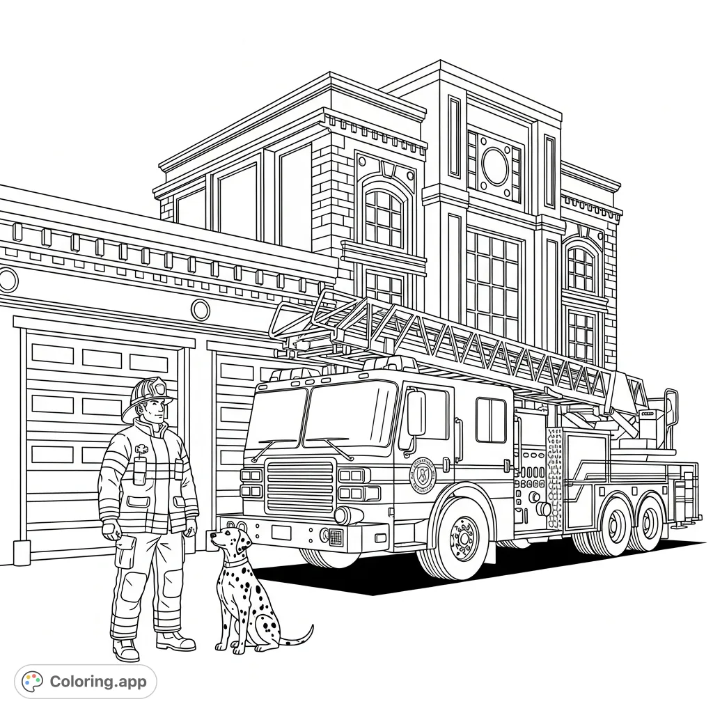 Brave Firefighter and Station Dog - Coloring.app