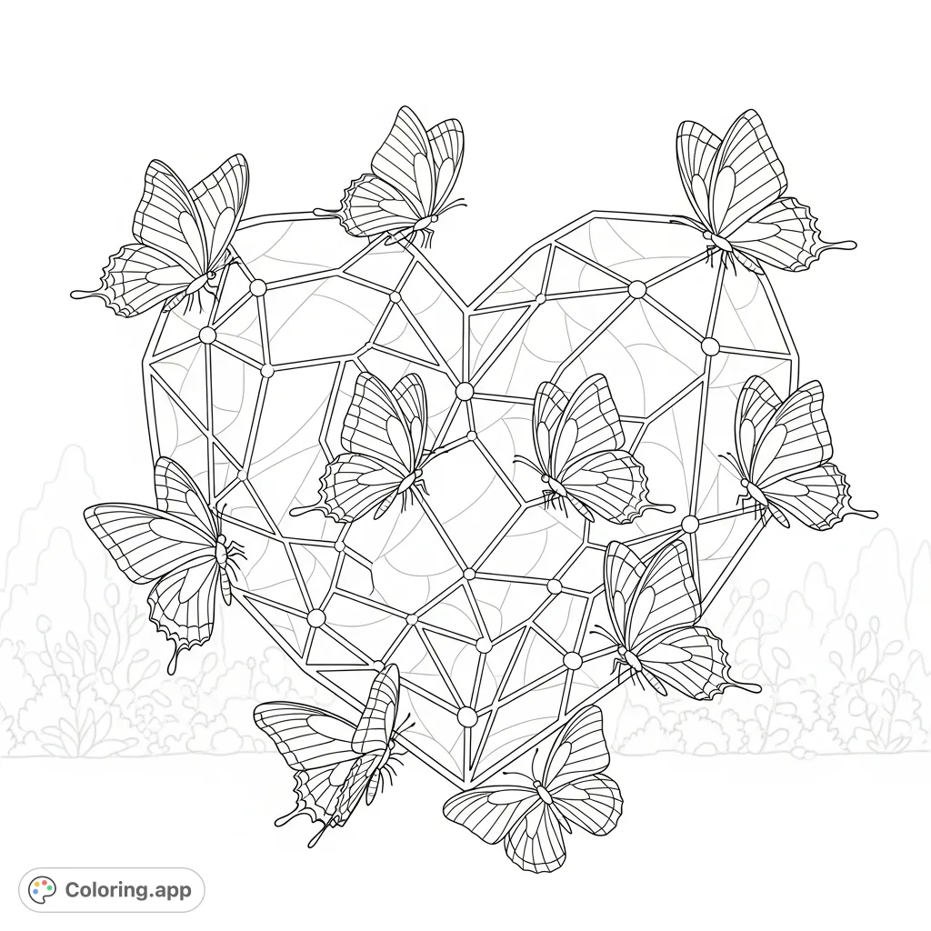 Butterflies and Stained Glass Heart - Coloring.app