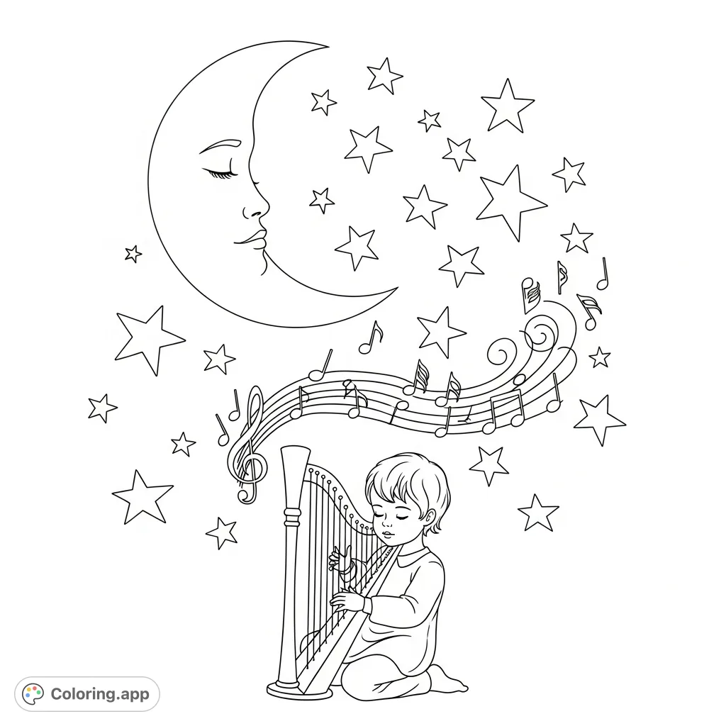 Child Harp Moon Serenade - Coloring.app
