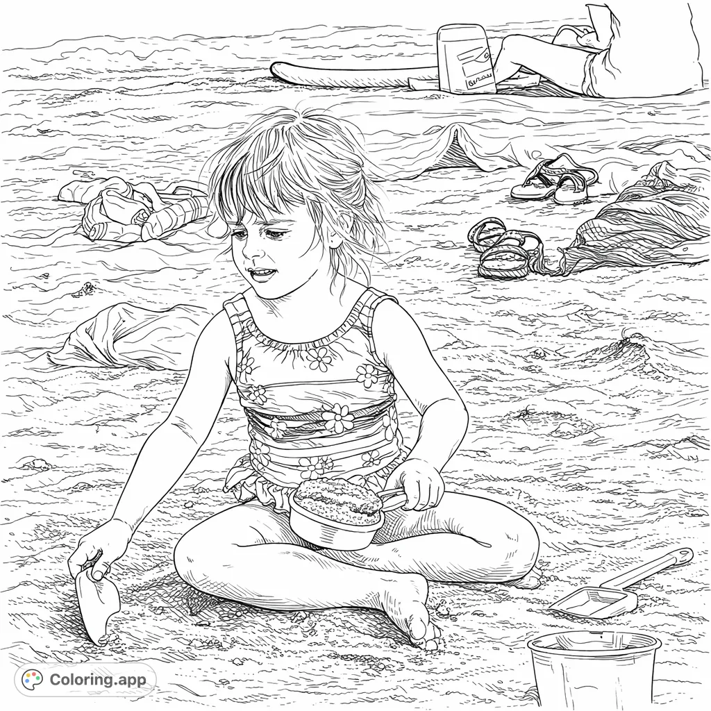 Child Playing on Sandy Beach - Coloring.app