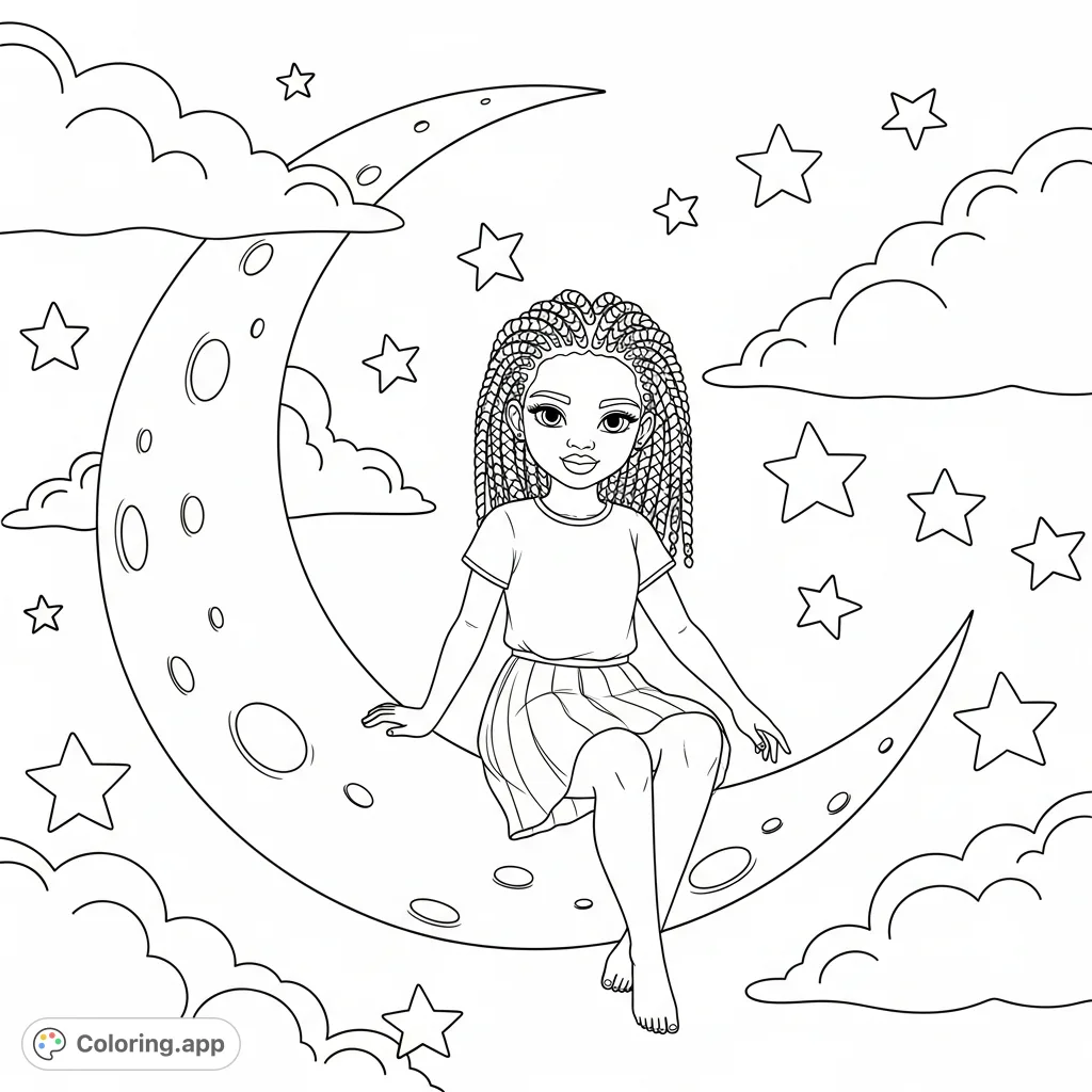 Celestial Girl on Crescent Moon - Coloring.app