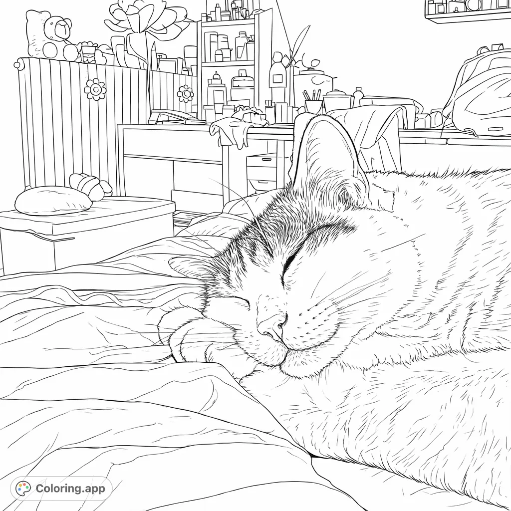 Cozy Sleeping Cat on Bed - Coloring.app