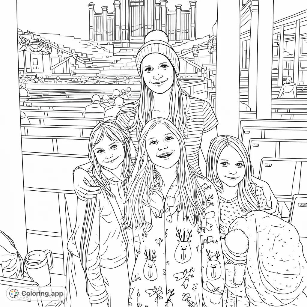 Family Gathering in Grand Hall - Coloring.app