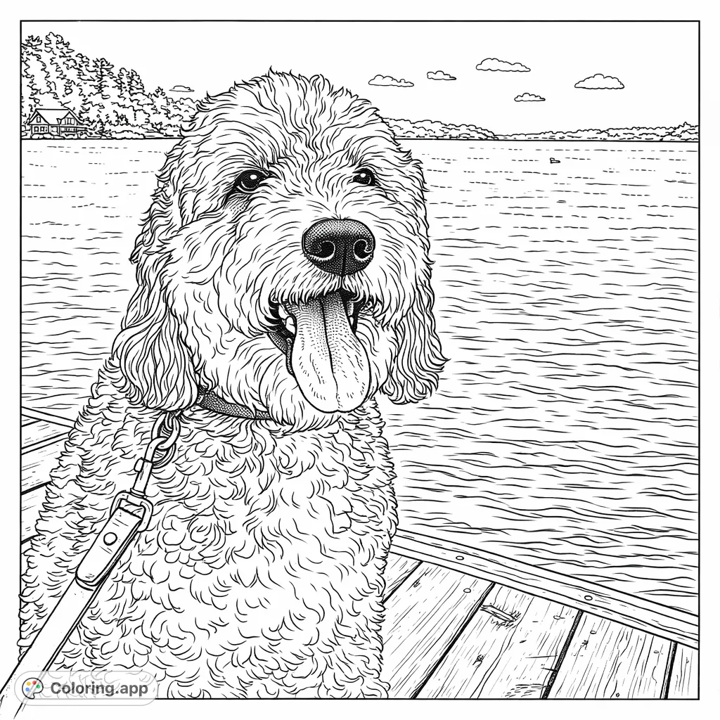 Lakeside Dog on Wooden Dock - Coloring.app