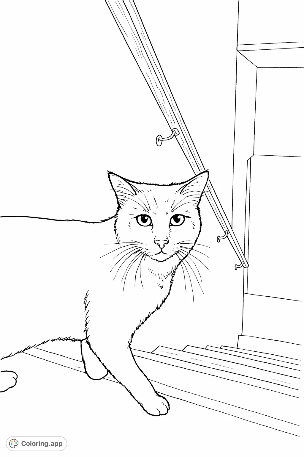 Curious Cat on Stairs - Coloring.app
